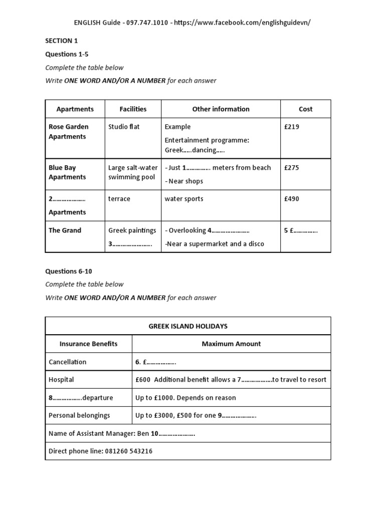Complete The Table Below Write ONE WORD AND/OR A NUMBER For Each Answer ...