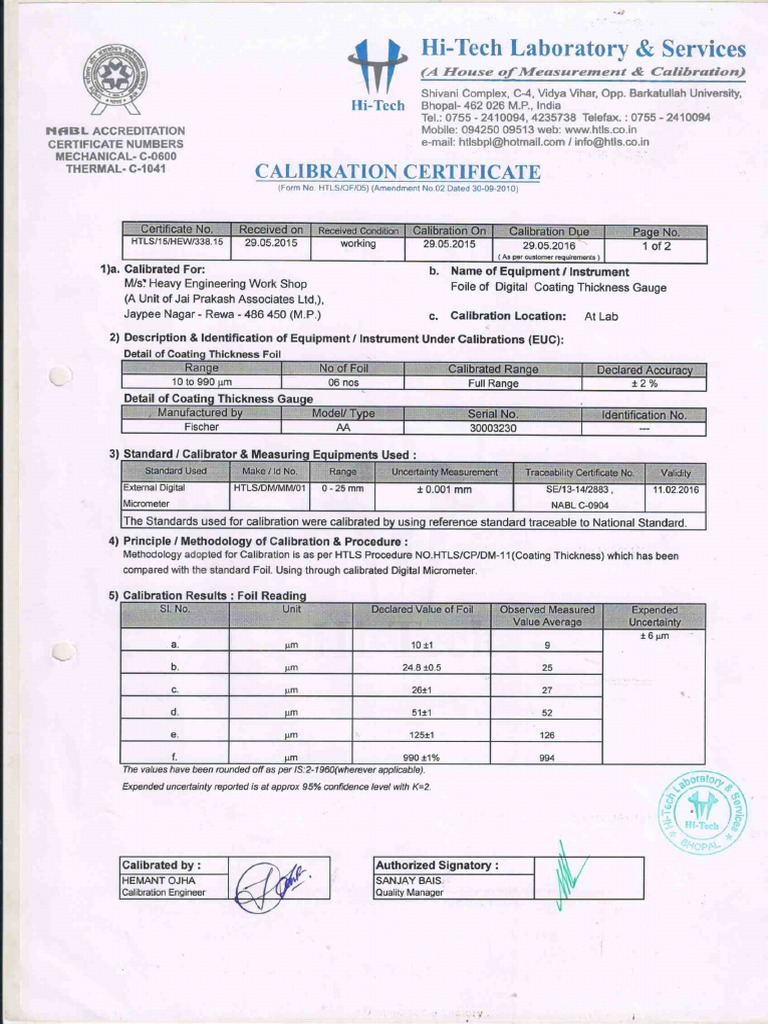 Calibration Certi DFT Gauge - Paint Report Lot 02 | PDF