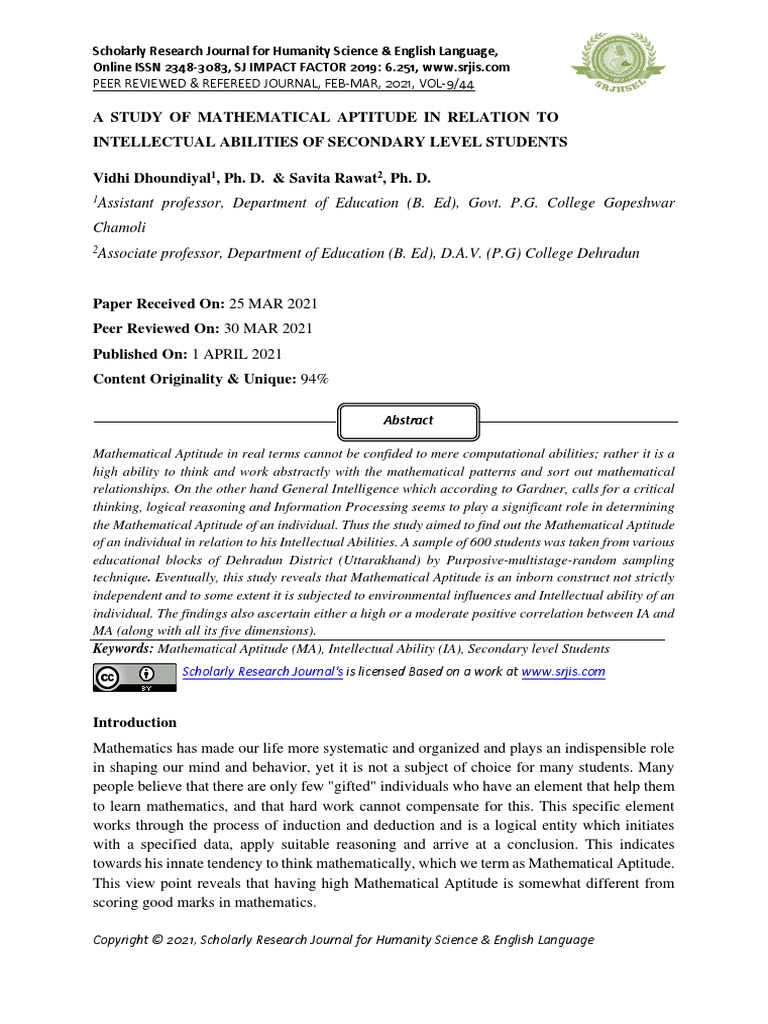 A Study of Mathematical Aptitude in Relation To Intellectual Abilities ...