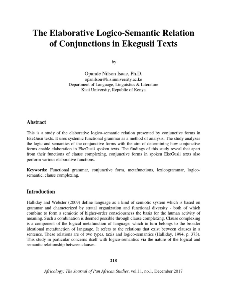 The Elaborative Logico Semantic Relation Of Conjunctions In Ekegusii Texts Pdf Human 