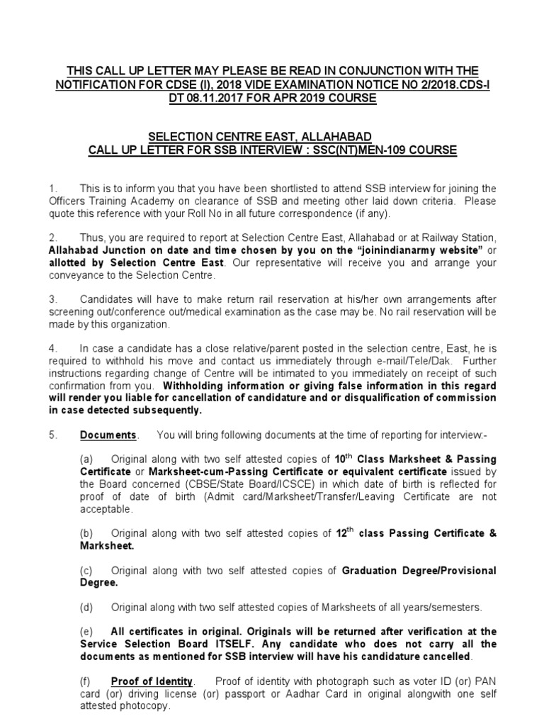 SSC NT Men 109 Call Up Letter Allahabad | PDF | Identity Document ...