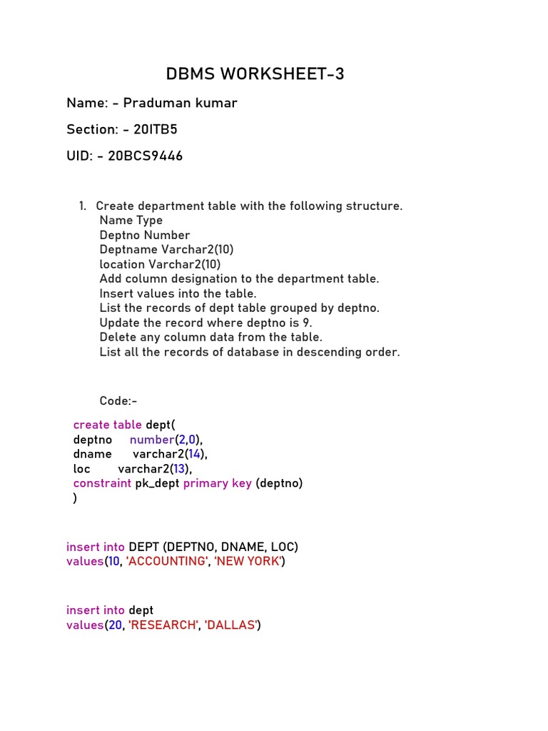 Dbms Worksheet 3 | PDF | Control Flow | Computer Data