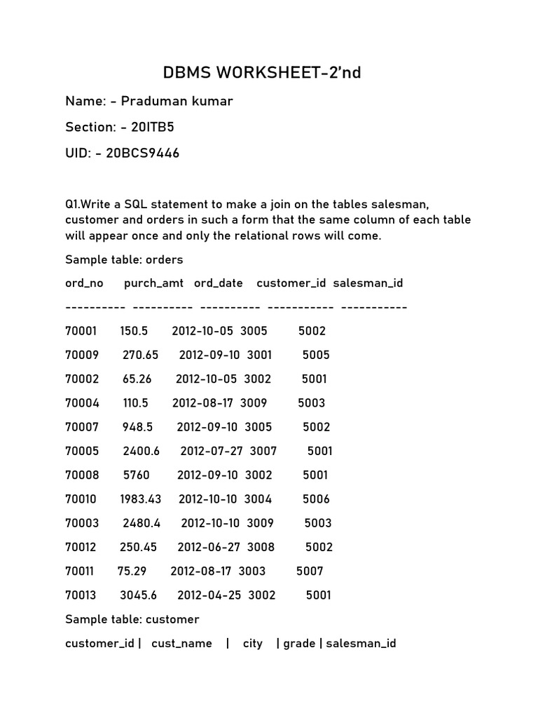 Dbms Worksheet-2'Nd: Name: - Praduman Kumar Section: - 20ITB5 UID: - 20BCS9446 | PDF | Databases ...