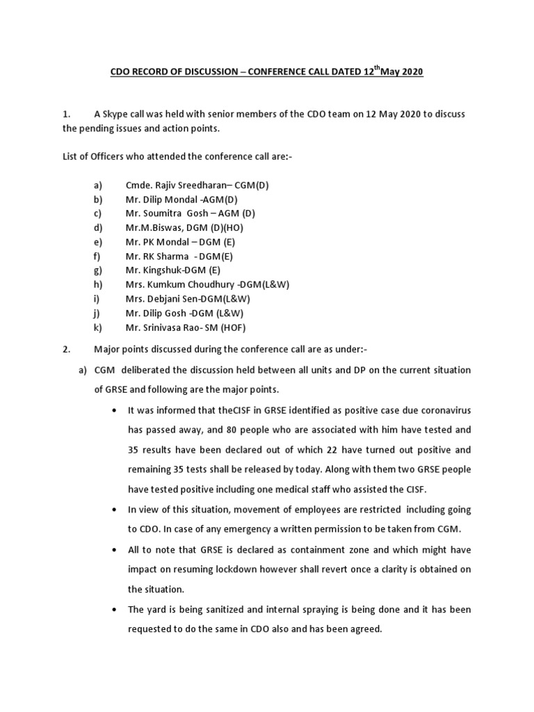 Cdo Record of Discussion - Conference Call Dated 12 May 2020 | PDF ...