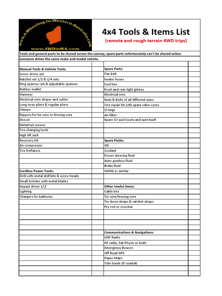 4x4 Tools & Items List: (Remote and Rough Terrain 4WD Trips) | PDF ...