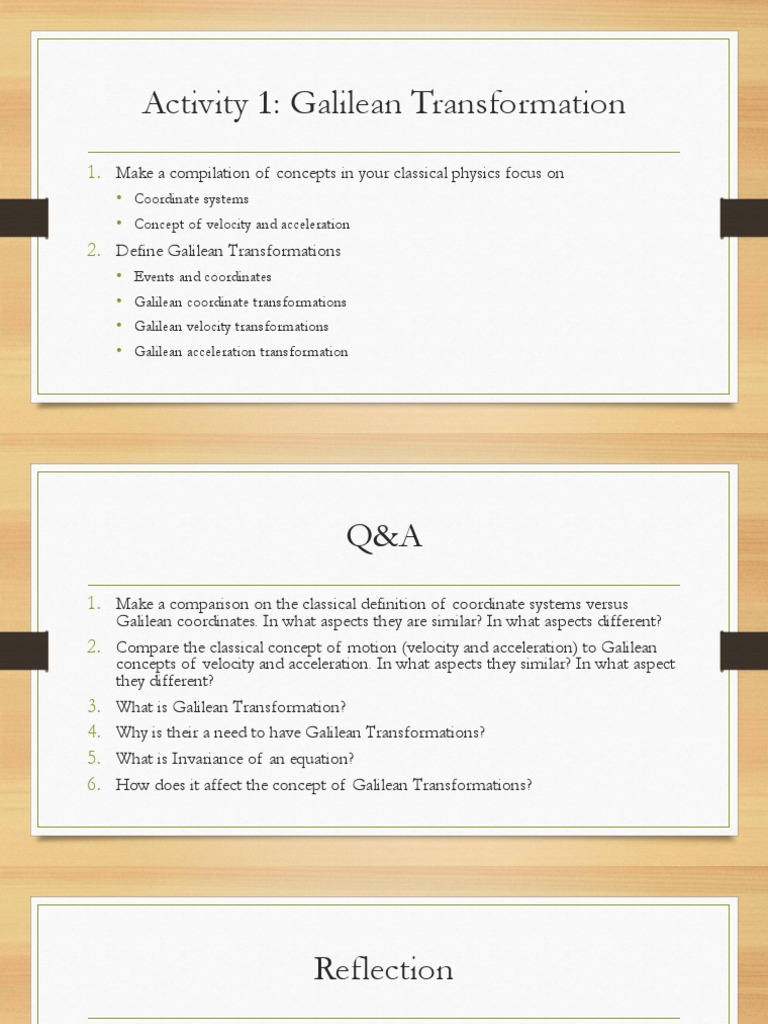Activity 1: Galilean Transformation: Make A Compilation of Concepts in Your Classical Physics ...