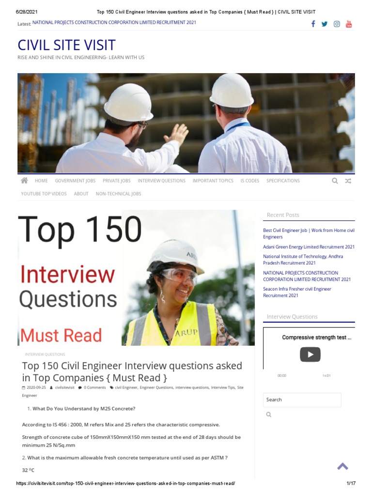 Top 150 Civil Engineer Interview Questions Asked in Top Companies | PDF ...