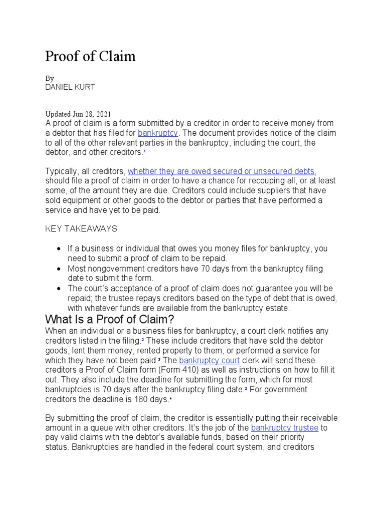 Proof of Claim | PDF | Bankruptcy | Chapter 7