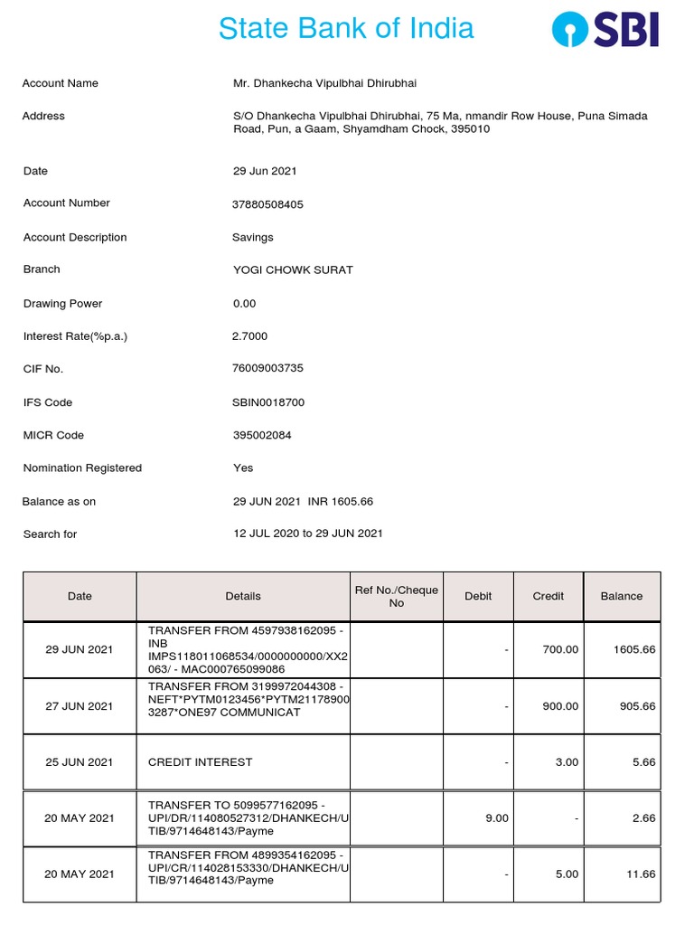 State Bank of India savings account statement | PDF | Payments ...