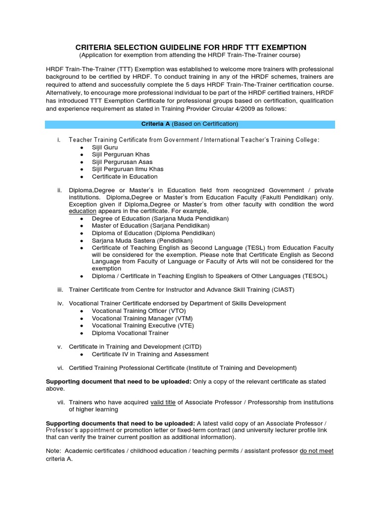 Criteria Selection Guideline For HRDF TTT Exemption: Criteria A (Based On Certification) | PDF ...