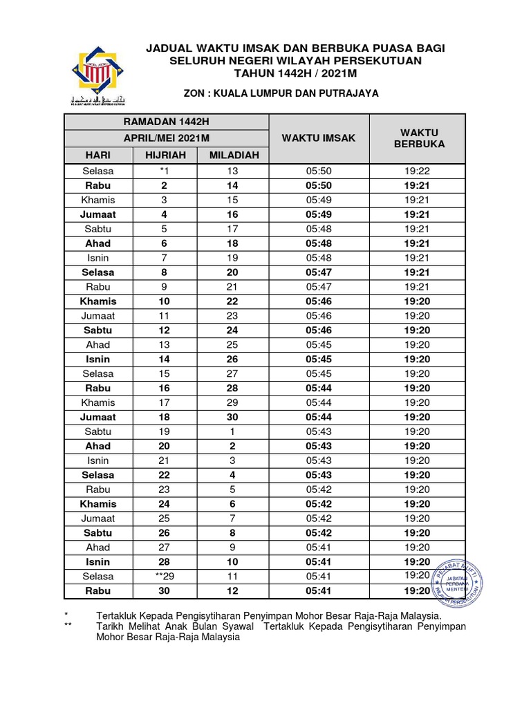 Jadual Waktu Imsak Dan Berbuka Puasa Bagi Seluruh Negeri Wilayah ...