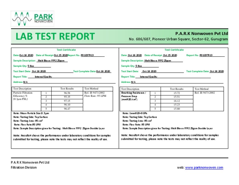 Lab Test Report 25gsm FFP2 | PDF | Chemistry | Chemical Engineering