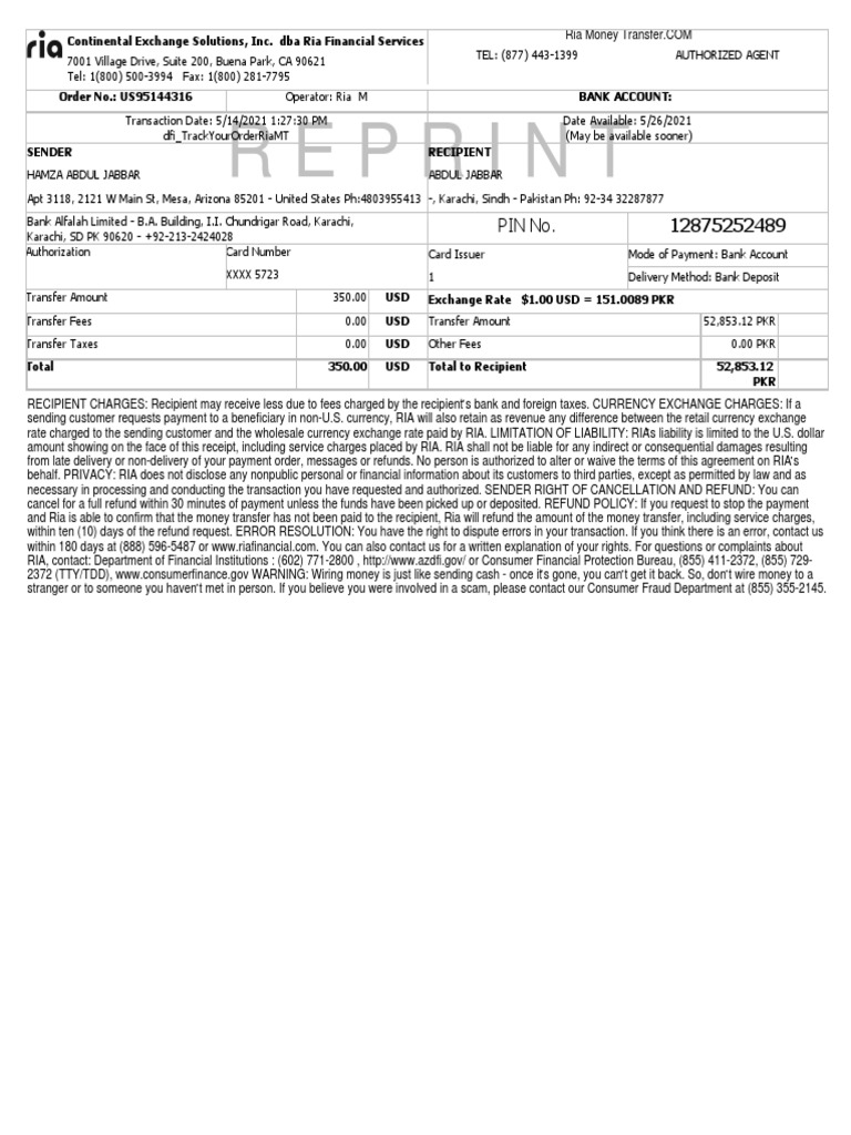 Ria Order Receipt US95144316 | PDF | Wire Transfer | Payments