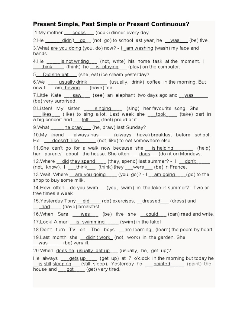 Present Simple Present Continuous Past Simple Worksheet Present Simple