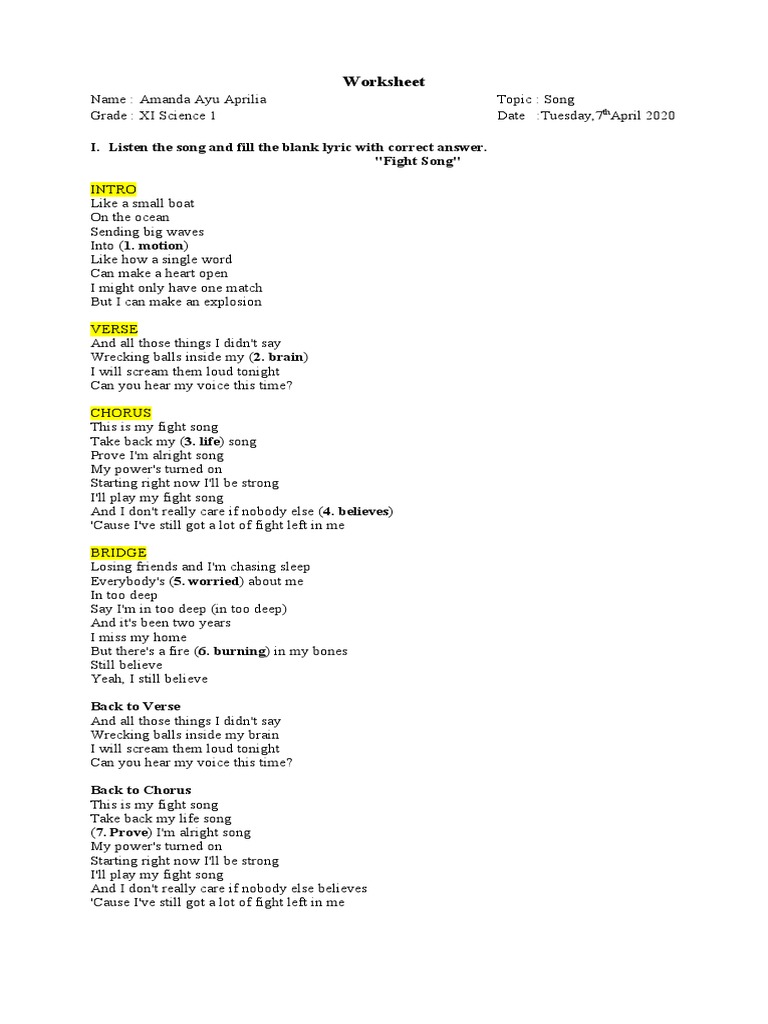 Worksheet Fight Song | PDF | Song Structure