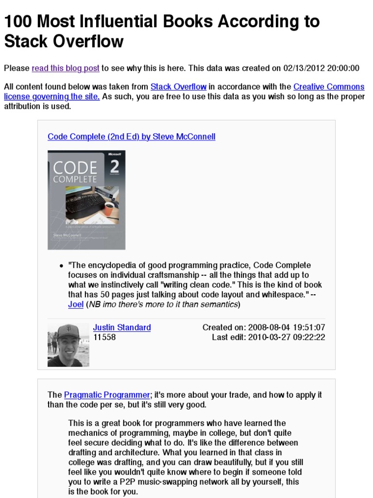 100 Most Influential Programming Books According To Stack Overflow | PDF | C++ | Programmer