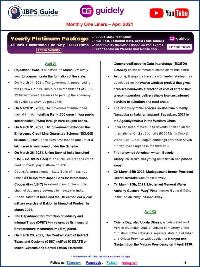 Monthly One Liners - April 2021 | PDF | Reserve Bank Of India | Business