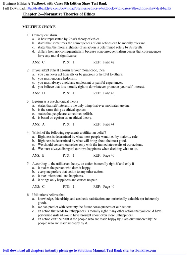 Business Ethics A Textbook With Cases 8th Edition Shaw Test Bank | PDF ...