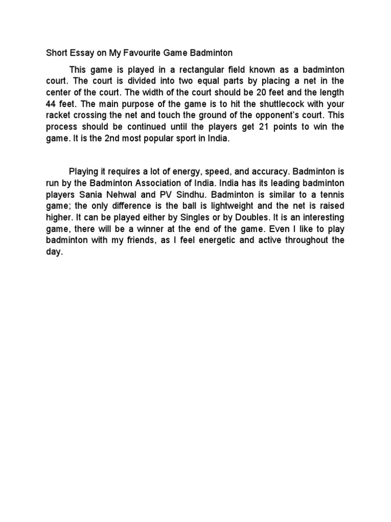 Short Essay On My Favourite Game Badminton | PDF