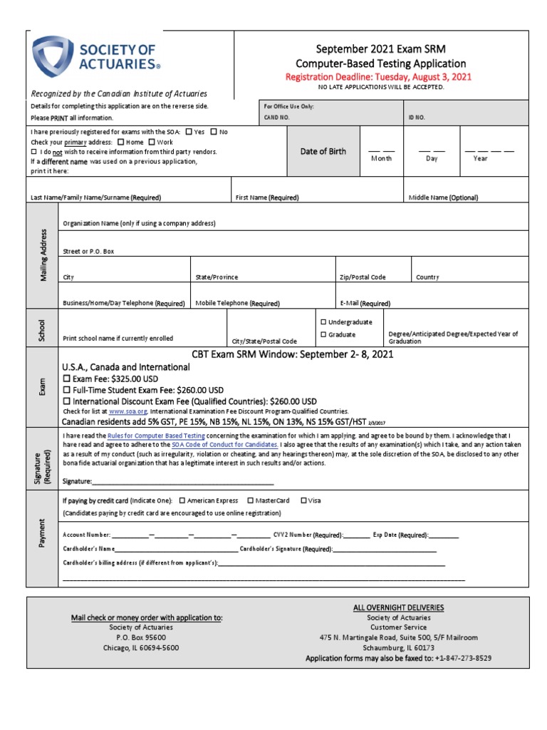 September 2021 Exam SRM Computer-Based Testing Application: Date of ...