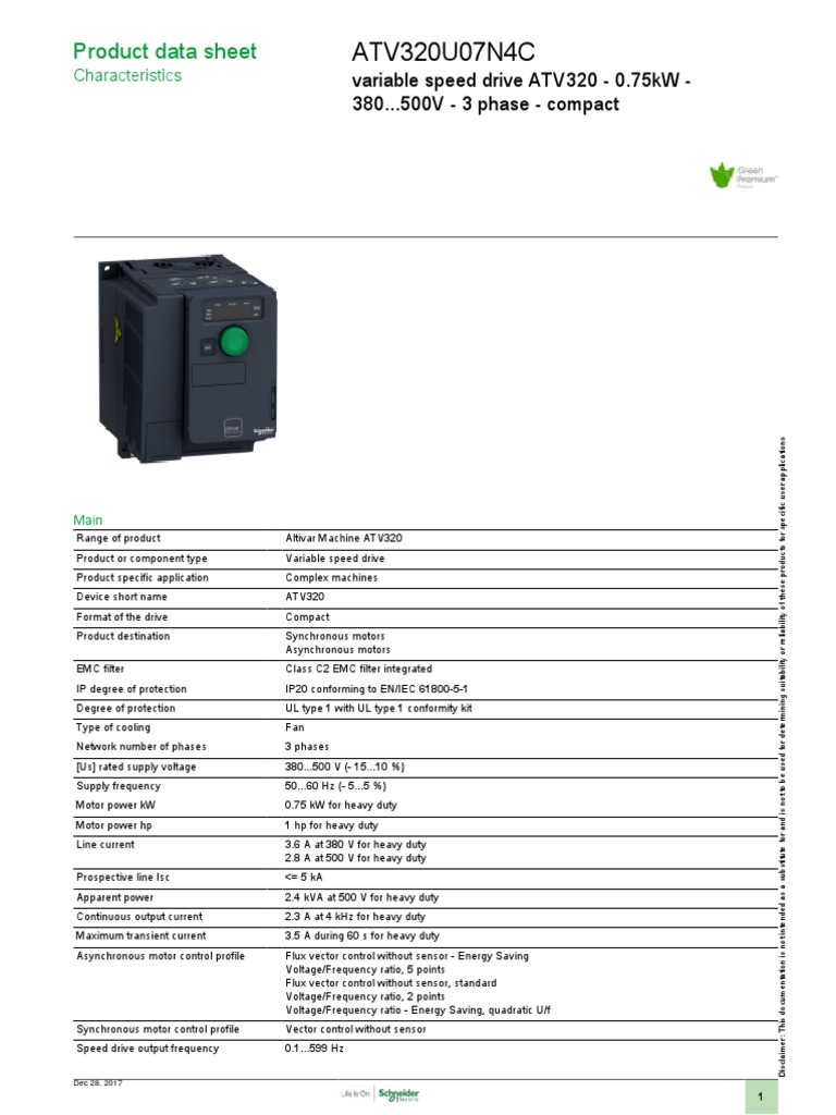 ATV320U07N4C: Product Data Sheet | PDF | Electric Motor | Power Supply