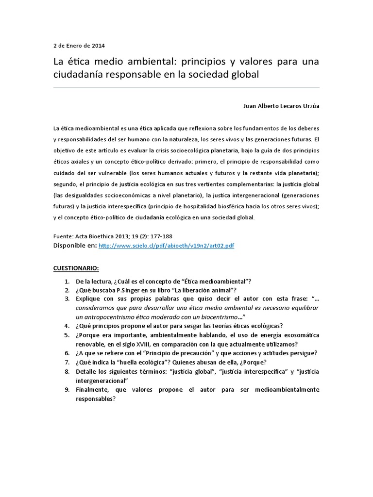 3a. Cuestionario de La LECTURA La Ética Medioamb. Princ.y Valores para ...