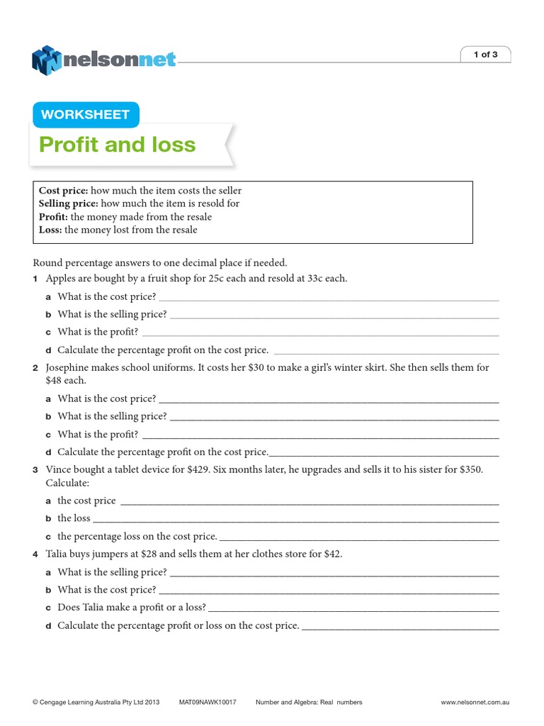 Profit and Loss: Worksheet | PDF | Prices | Market (Economics)