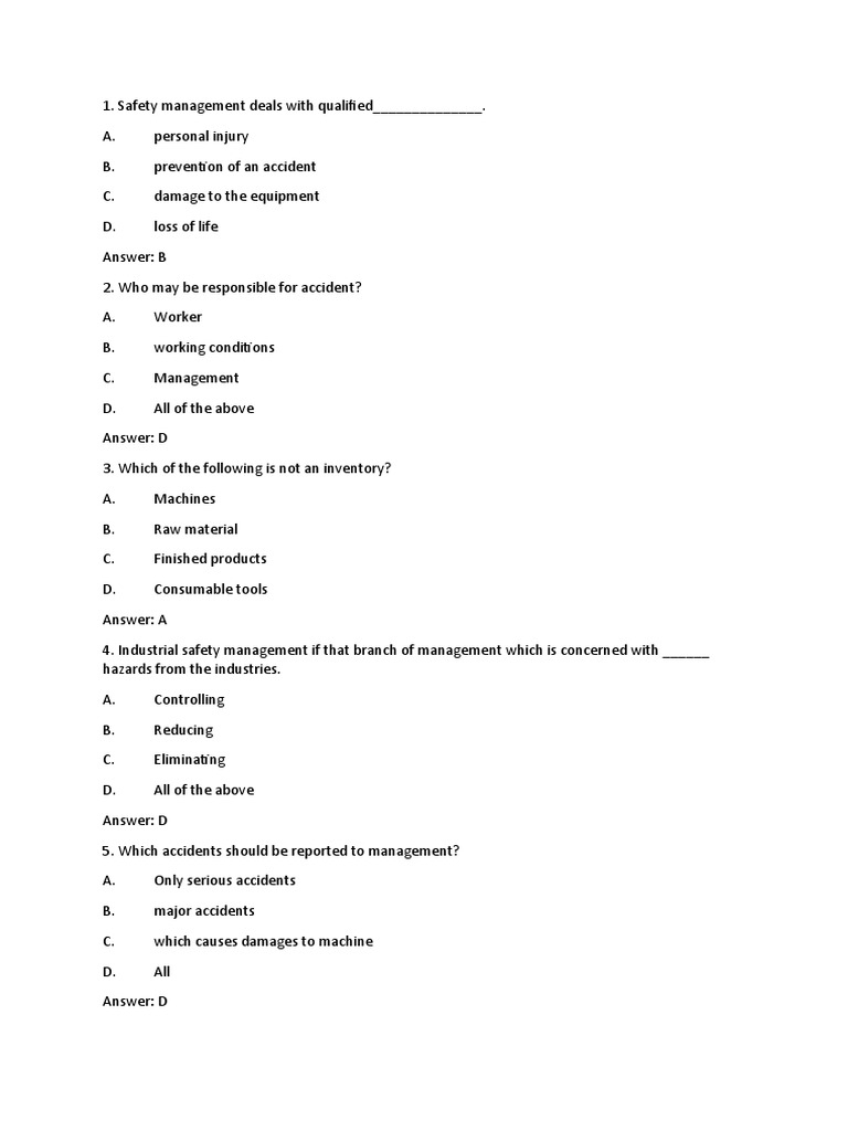 Safety Management Exam Questions | PDF | Occupational Safety And Health ...
