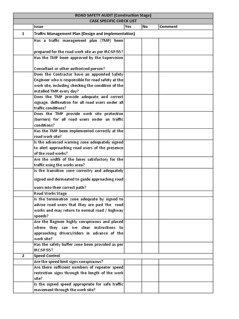 ROAD SAFETY AUDIT (Construction Stage) Case Specific Check List Issue ...