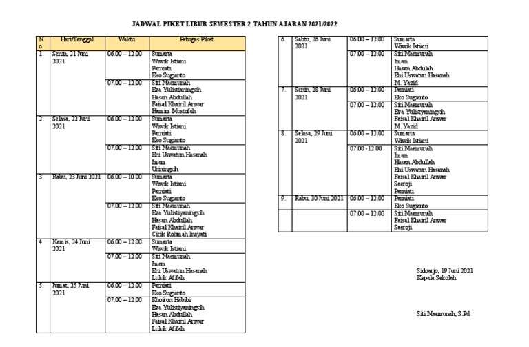 Jadwal Piket Libur Semester 2 | PDF