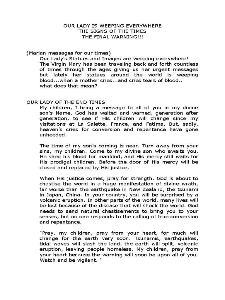 Our Lady's Weeping: Signs of Warning | PDF | Our Lady Of Fátima ...