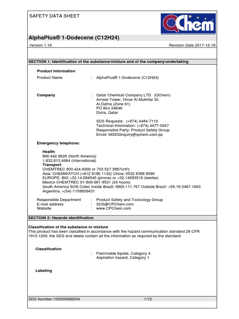 Alphaplus® 1-Dodecene (C12H24) : Safety Data Sheet | PDF | Dangerous ...