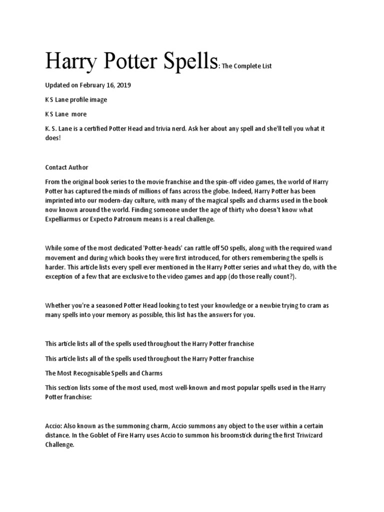Complete Harry Potter Spells List | PDF | Harry Potter Universe ...