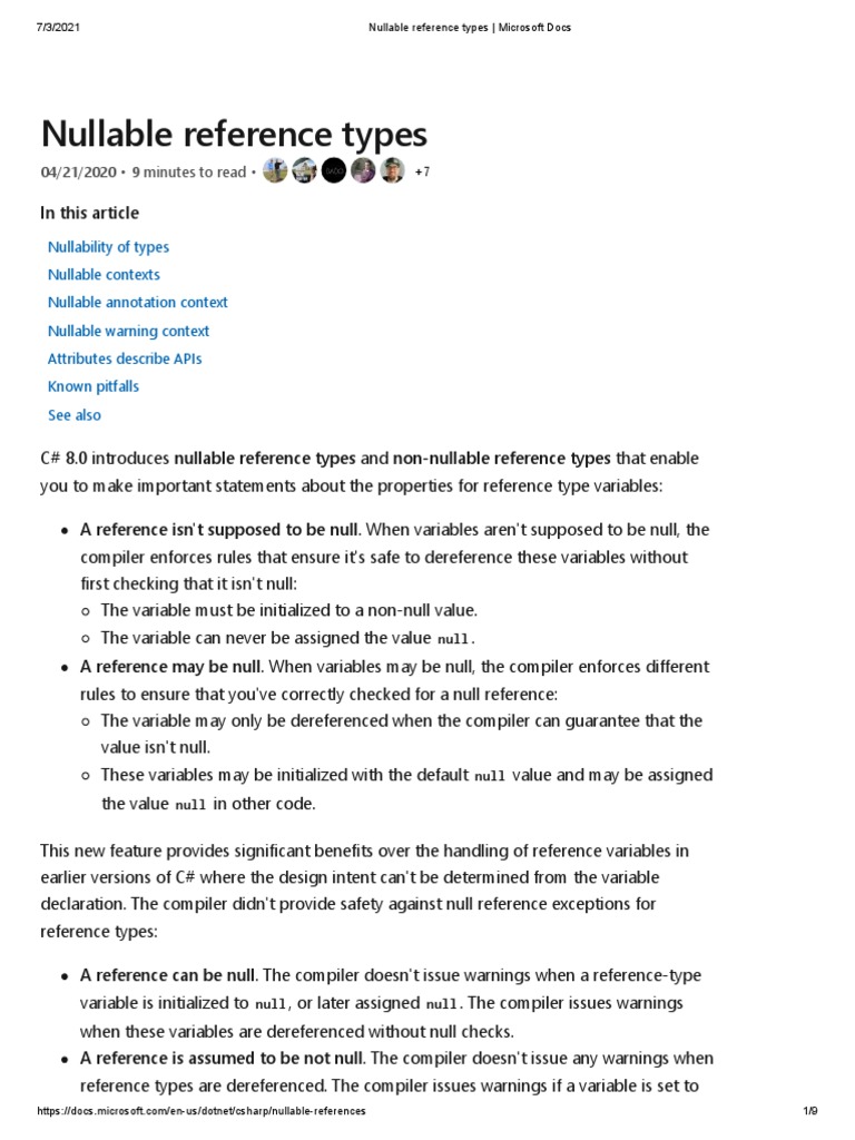 Nullable Reference Types Microsoft Docs Pdf C Sharp Programming Language Variable