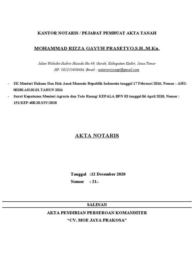 Akta Pendirian Perseroan Komanditer CV Moe Jaya Prakosa | PDF