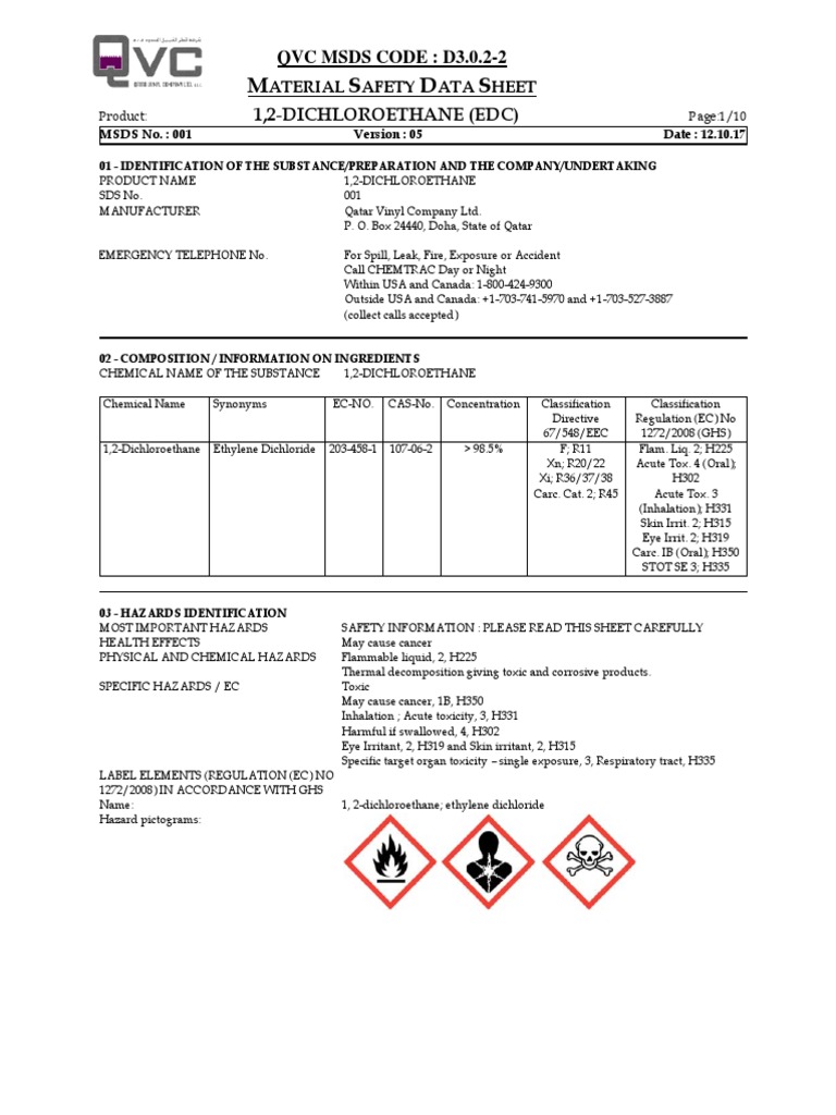 M S D S: QVC MSDS CODE: D3.0.2-2 1,2-Dichloroethane (Edc) | PDF ...