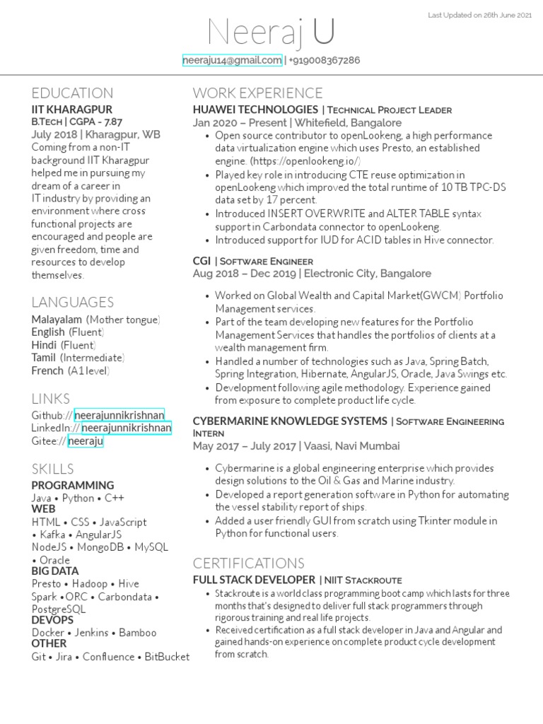 Education Work Experience: Iit Kharagpur Huawei Technologies | PDF | Angular Js | Java ...