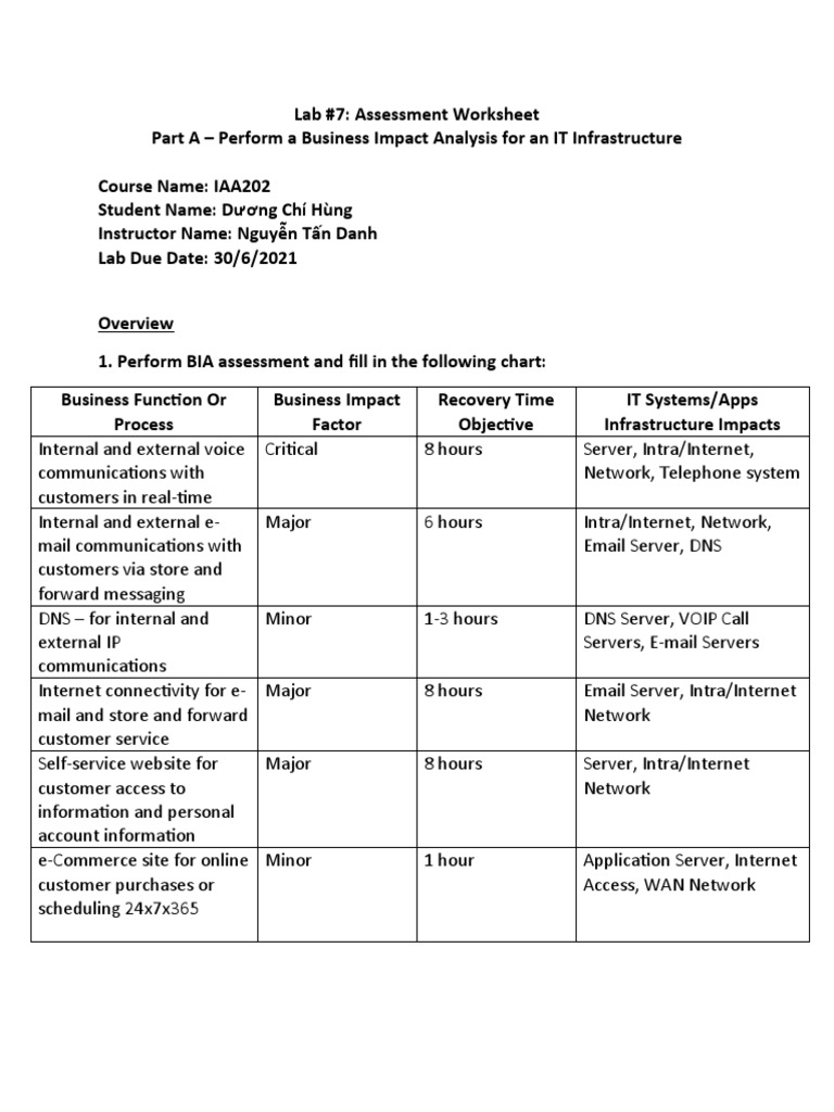 BIA Executive Summary for IT Infrastructure Lab | PDF | Disaster ...