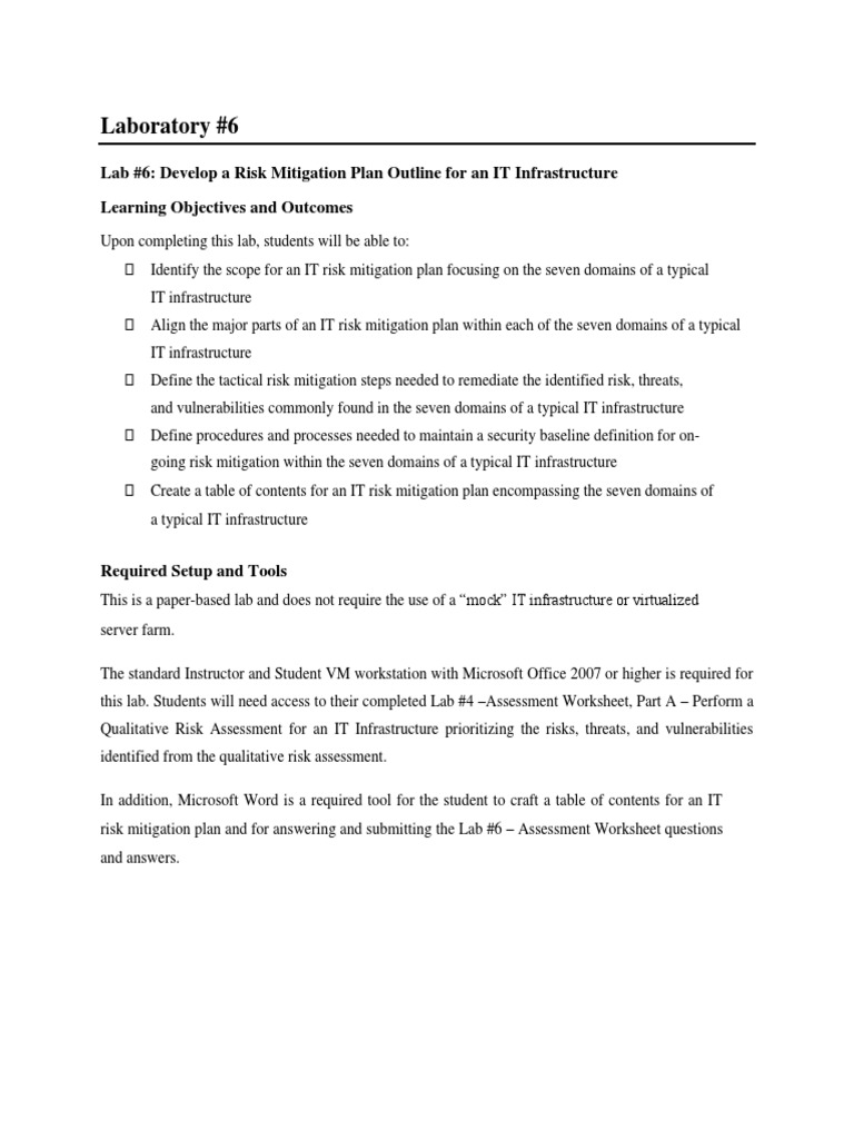 Laboratory #6: Lab #6: Develop A Risk Mitigation Plan Outline For An IT ...