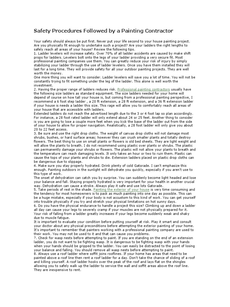 Safety Procedures Followed by A Painting Contractor | PDF | Ladder | Safety