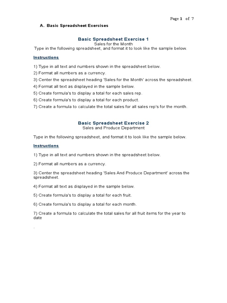 Instructions For Basic Exercises | PDF | Spreadsheet | Page Layout