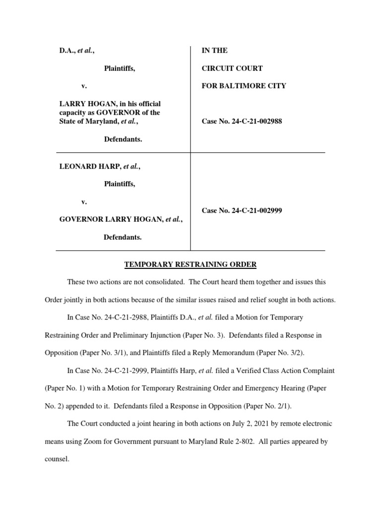 D A V Hogan Temporary Restraining Order Pdf Injunction