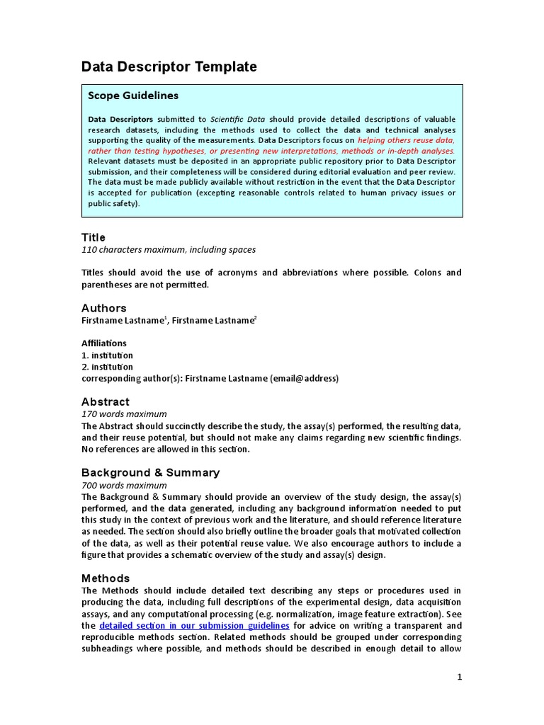 Data Descriptor Template: Scope Guidelines | Download Free PDF ...