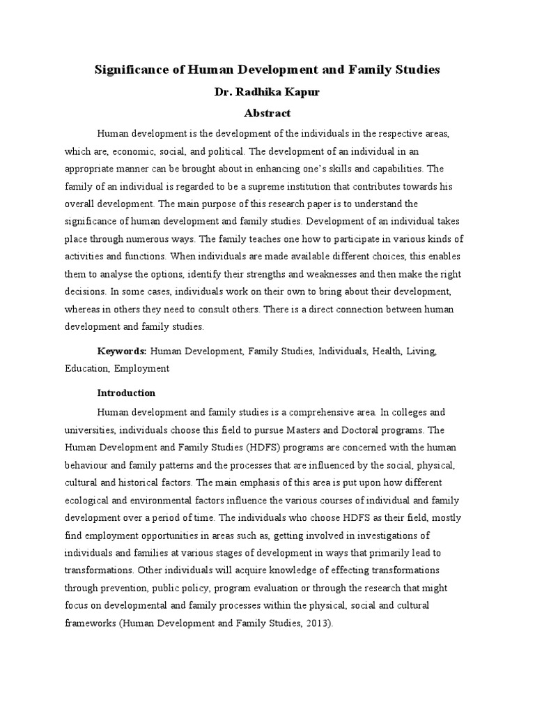 Significance of Human Development and Family Studies: Dr. Radhika Kapur ...