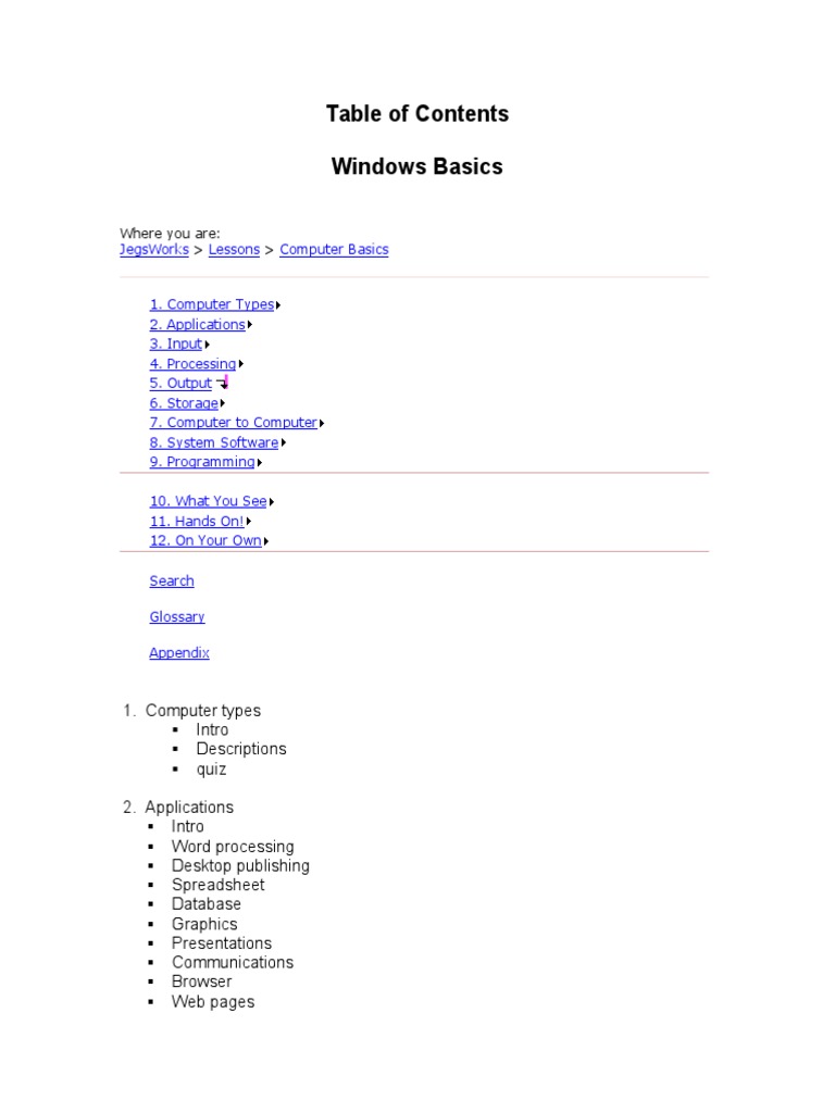 Table of Contents For Windows Basics | PDF