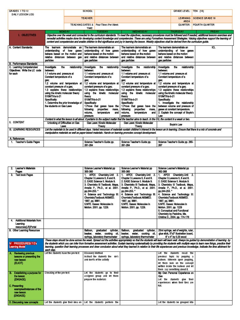 Grade 10 Gas Laws Lesson Plan | PDF | Gases | Temperature