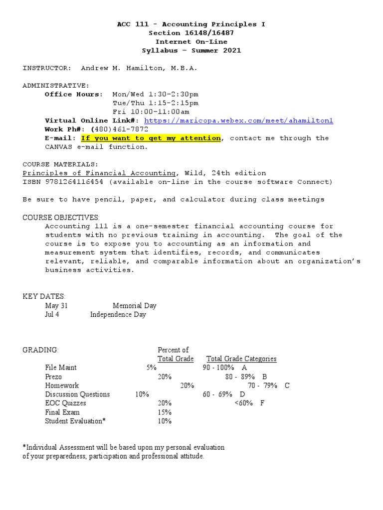 ACC 111 Accounting Principles Syllabus | PDF | Test (Assessment ...