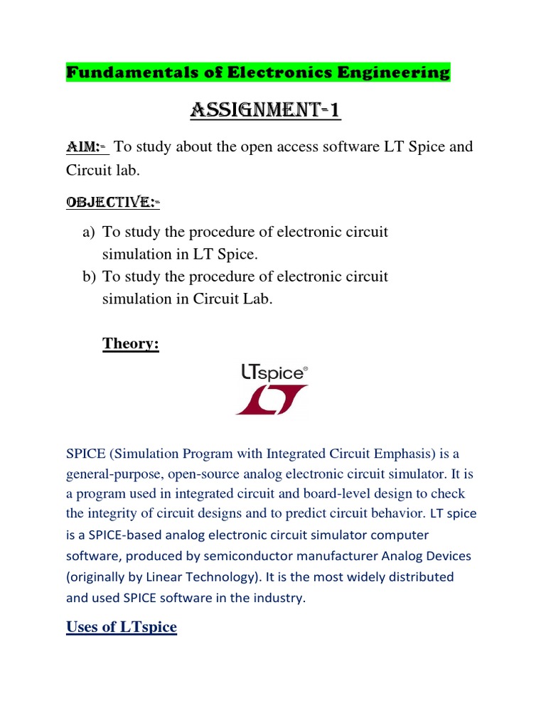 Assignment-1: Fundamentals of Electronics Engineering | PDF | Spice | Electrical Network