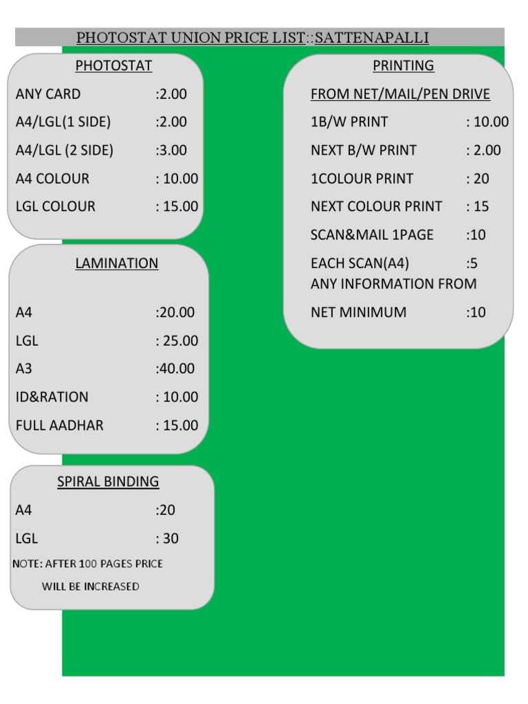 Photostat and Printing Price List 2024 | PDF