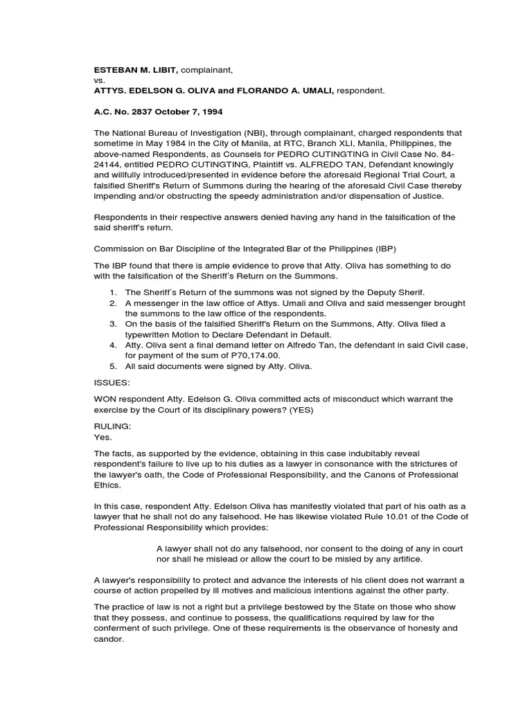 108 - Libit v. Oliva Adm Case No. 2837 October 7, 1997 | Download Free ...